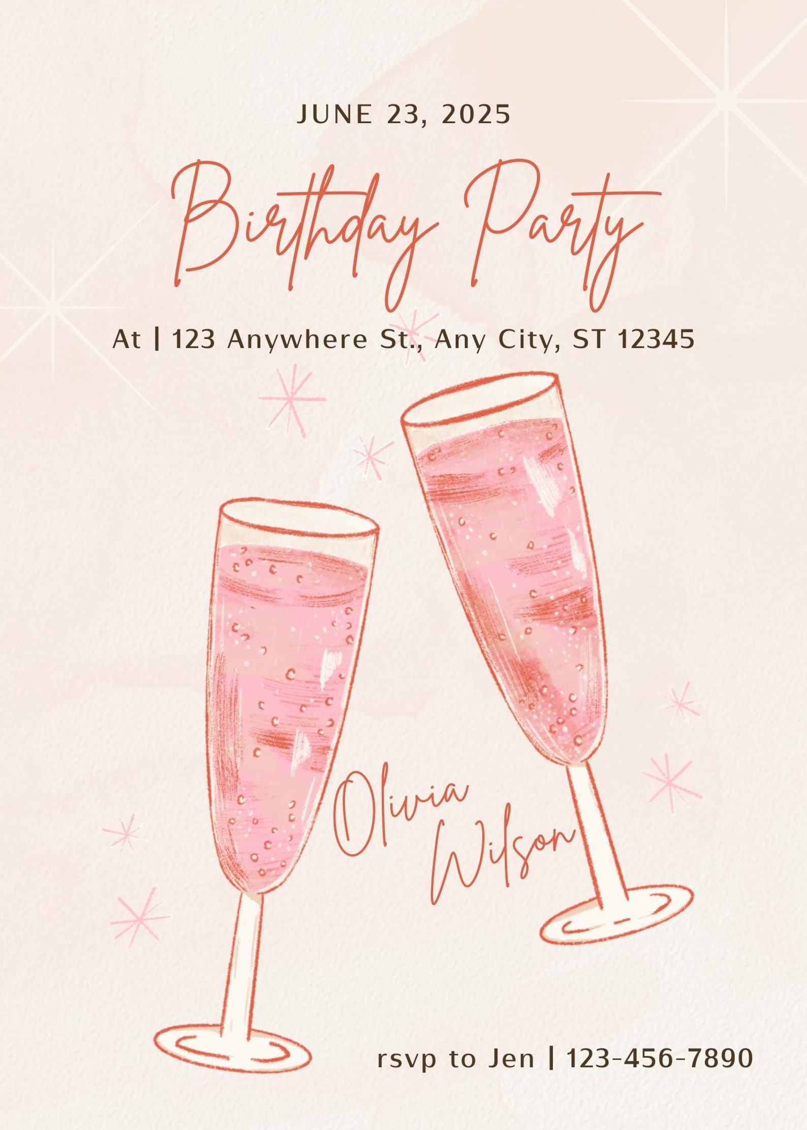 Pink Champagne Toast Birthday Party Invitation Birthday Cocktail ...