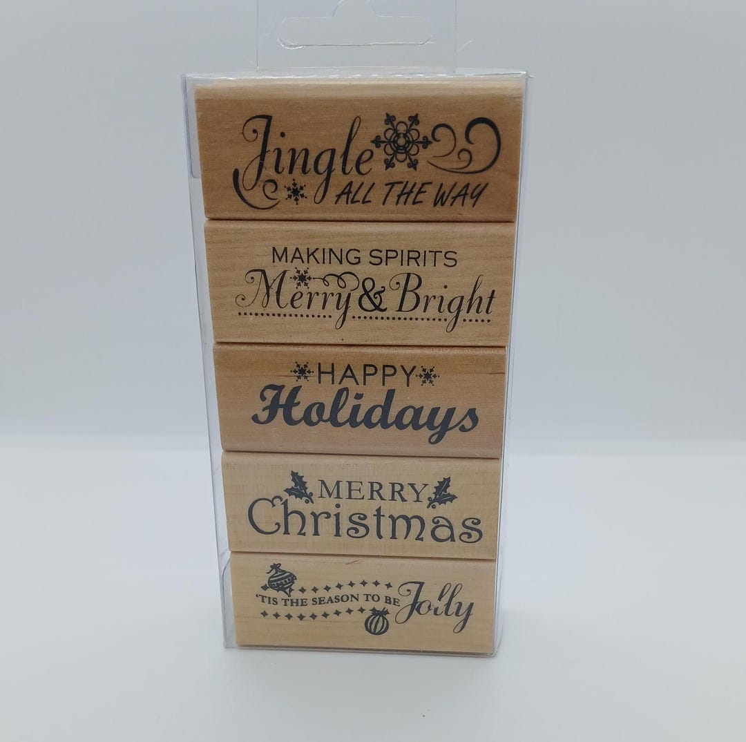 Christmas Noel Holiday Sayings 5 Piece Set Wood Mounted Red Rubber ...
