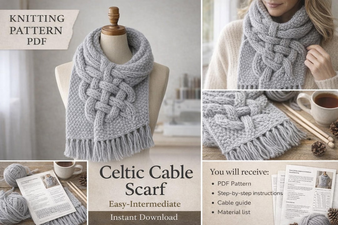 Celtic Cable Knit Scarf Pattern PDF, Saxon Braid Aran Scarf Knitting ...