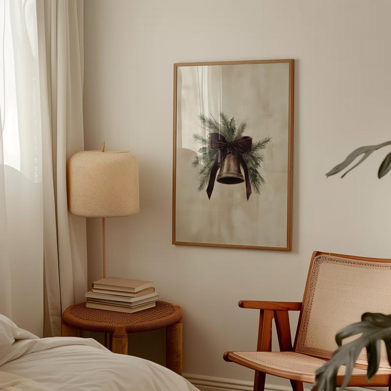 Vintage Christmas Bell With Brown Bow Ribbon Print, Rustic Holiday Wall ...