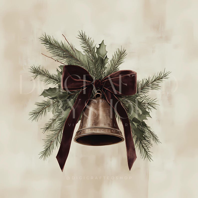 Vintage Christmas Bell With Brown Bow Ribbon Print, Rustic Holiday Wall ...