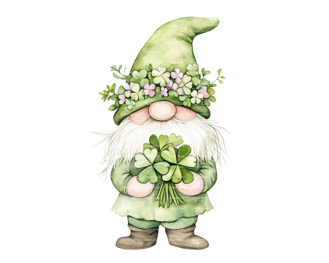 St Patricks Day Gnome Watercolor Clipart: Clover PNG (digital Download ...