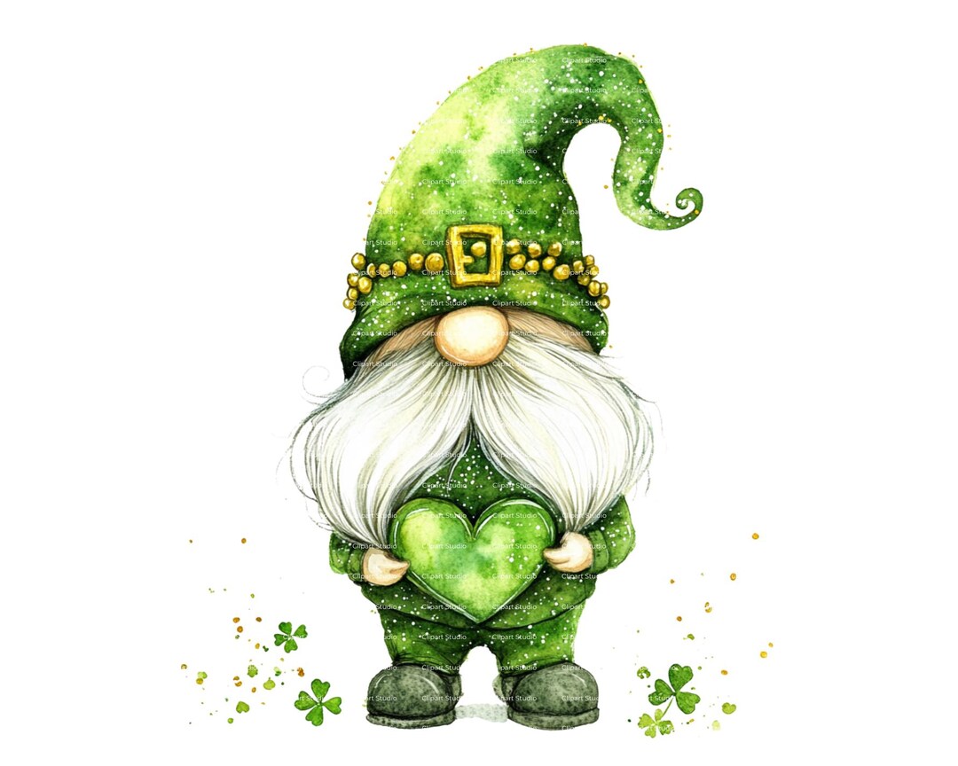 St Patrick's Day Gnome Watercolor Clipart, Green Clover (digital ...