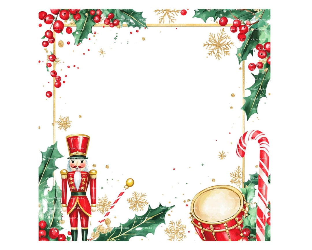 Watercolor Christmas Border Clipart: Nutcracker, Holly (digital ...