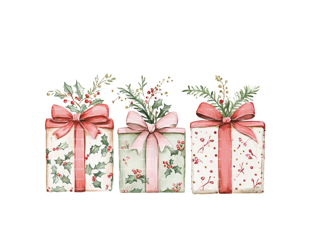 Chinoiserie Christmas Present Clipart: Watercolor Gift PNG (digital ...