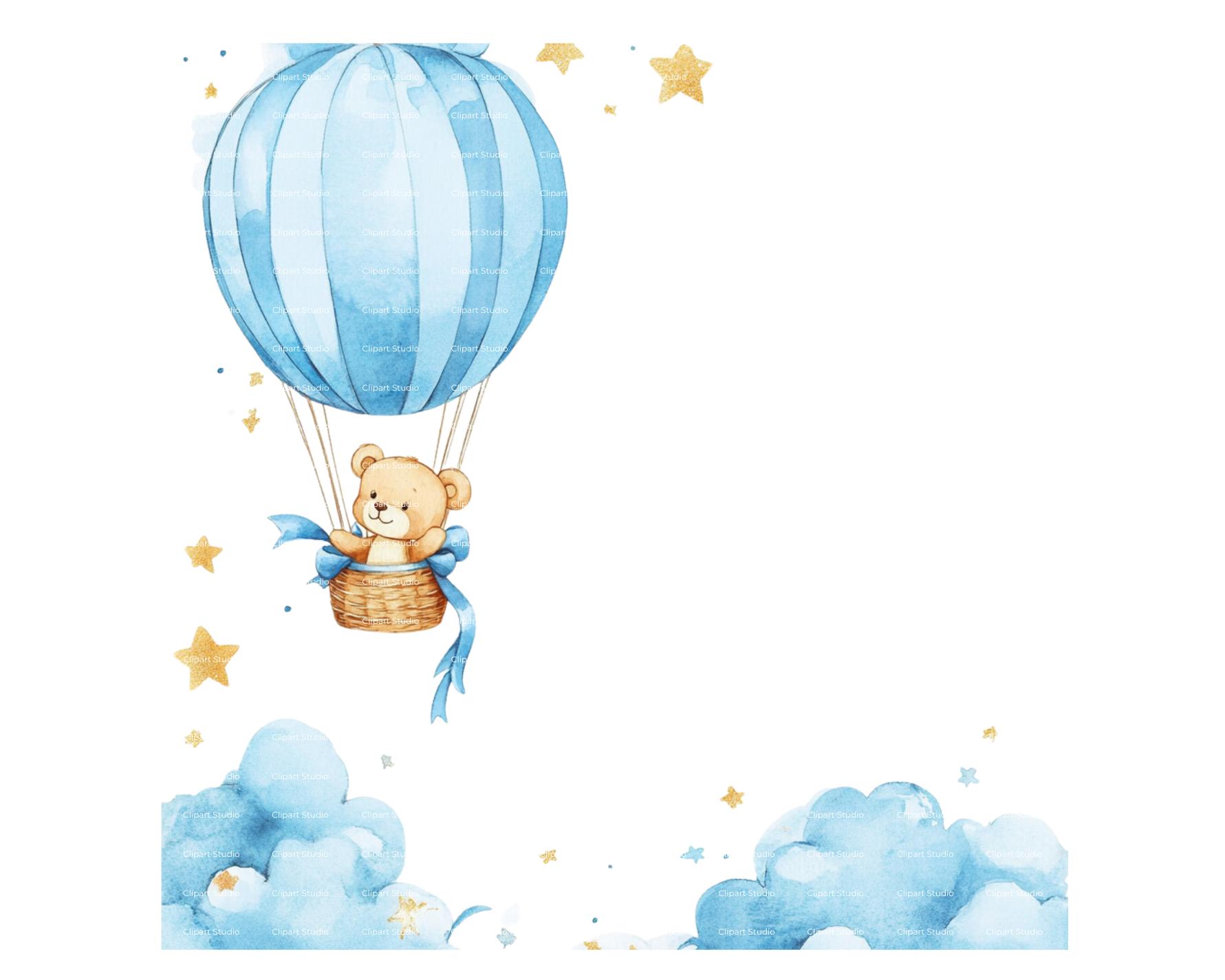 Teddy Bear Hot Air Balloon Clipart: Baby Boy Watercolor Frame (PNG ...