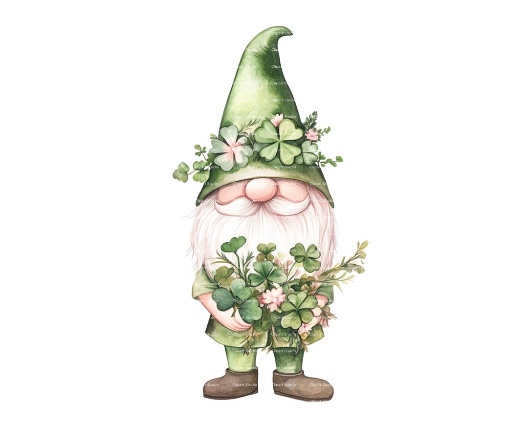 St Patricks Day Gnome Watercolor Clipart: Clover PNG (digital Download ...