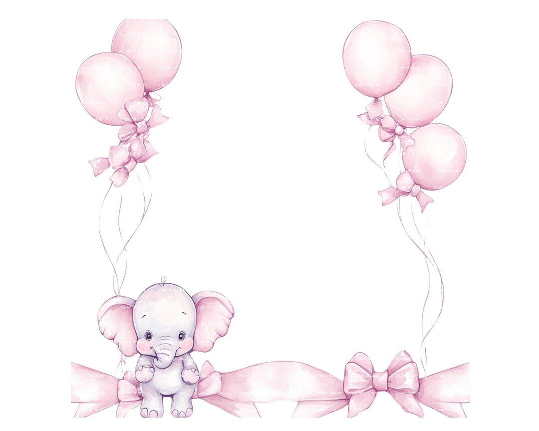 Baby Girl Elephant Clipart: Pink Bow, Balloons, Watercolor Frame (PNG ...