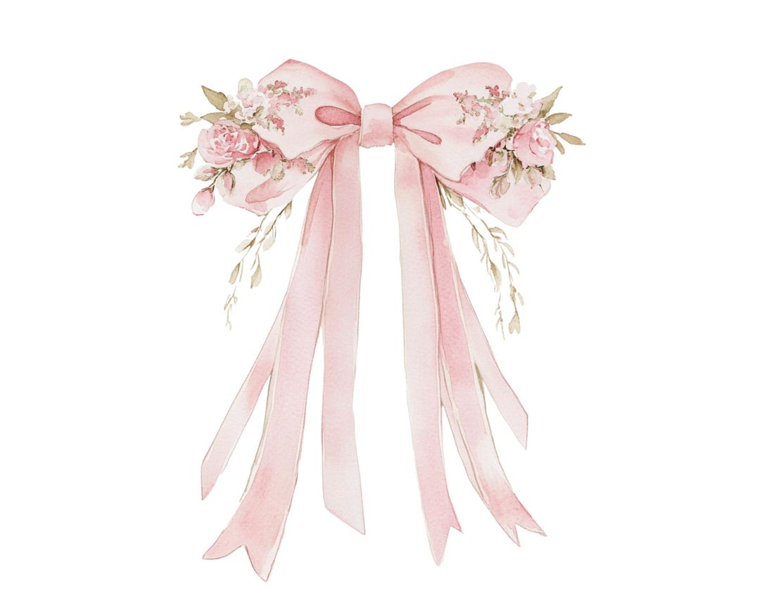 Pink Coquette Ribbon Bow Watercolor Clipart: Floral PNG (digital ...