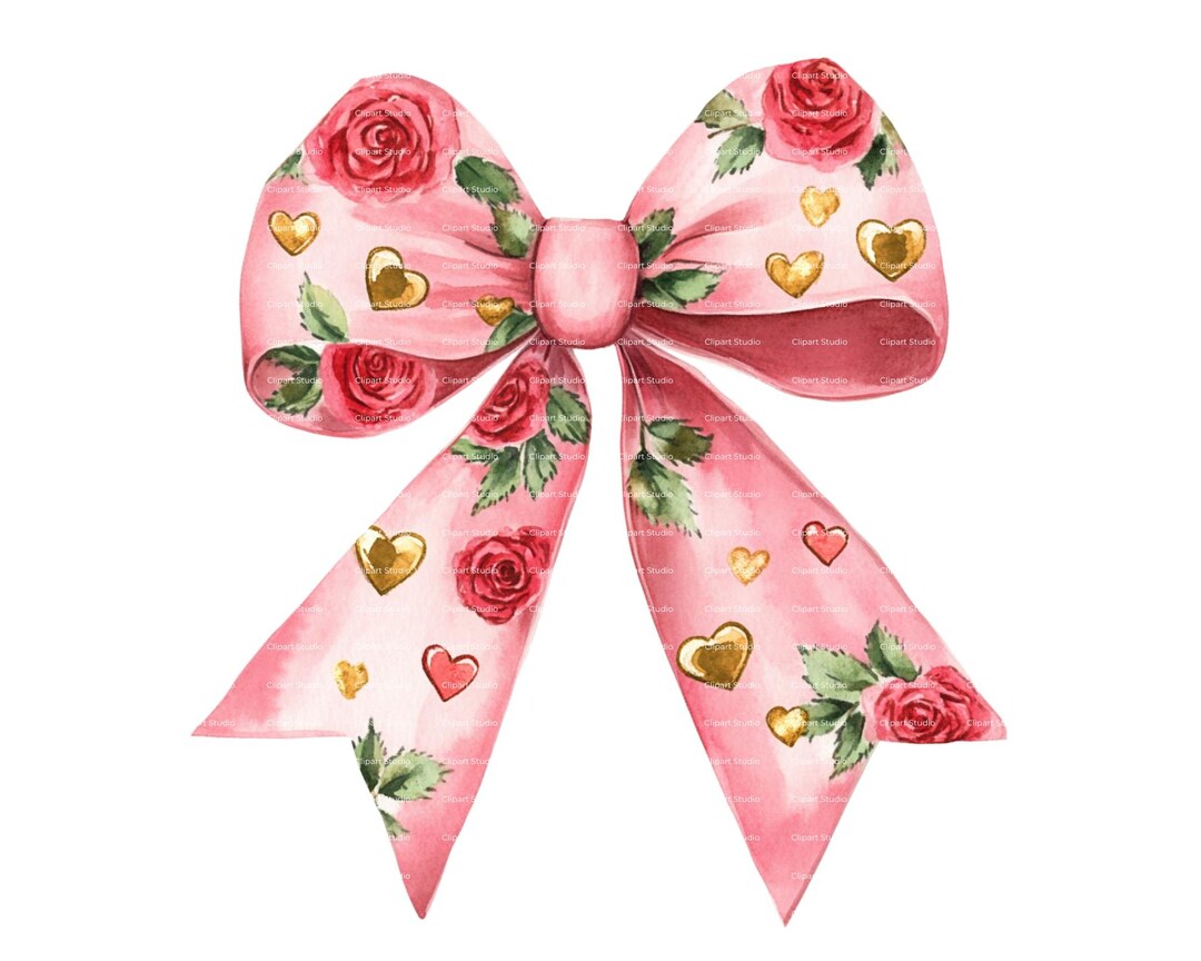 Pink Bow Valentine's Day Watercolor Clipart: Gold Hearts & Roses (PNG ...