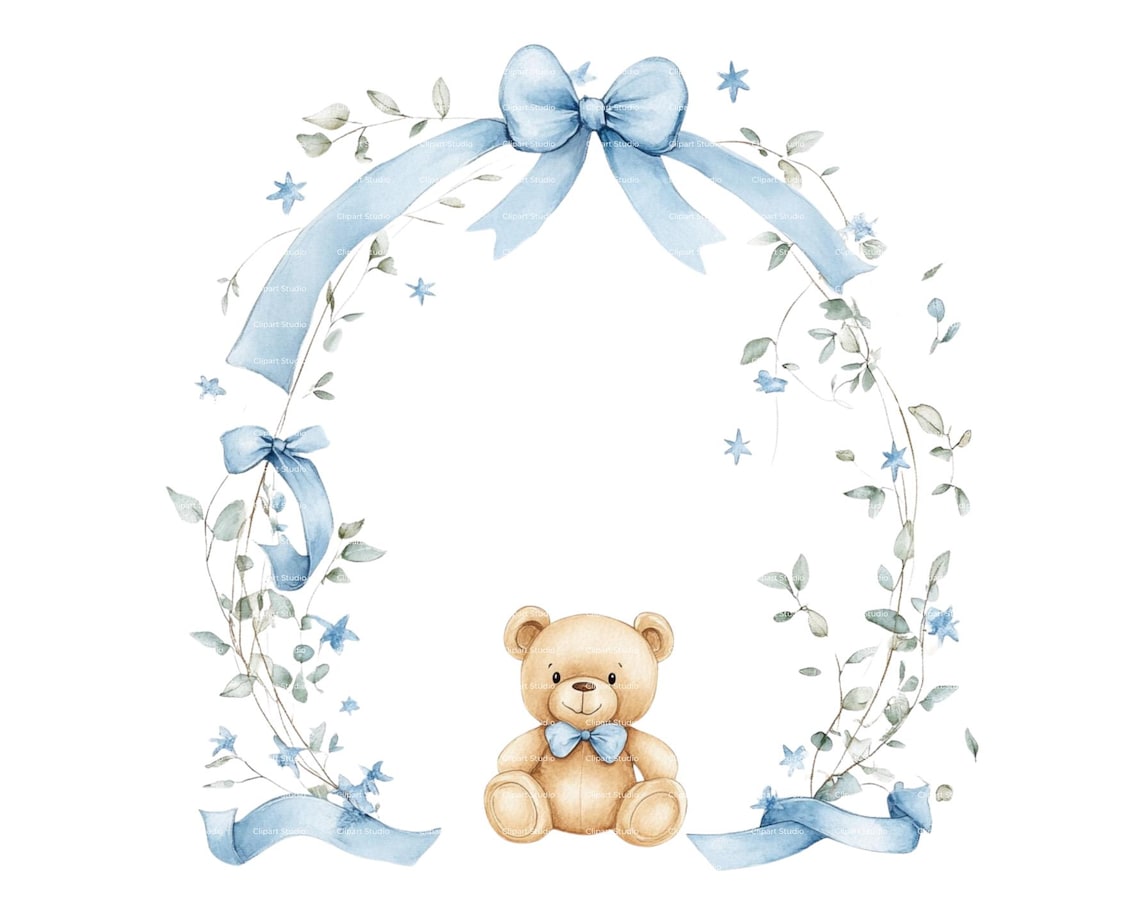 Teddy Bear Clipart Frame: Watercolor Baby Boy Invitation Border (PNG ...