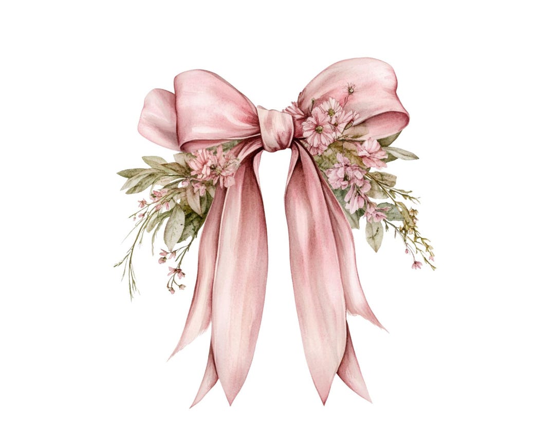 Pink Coquette Ribbon Bow Watercolor Clipart: Floral PNG (digital ...