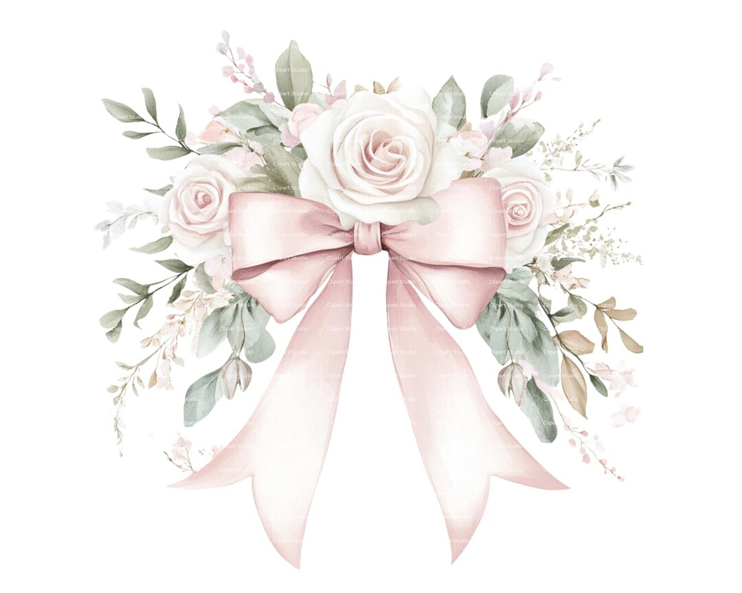 Pink Coquette Ribbon Bow PNG Watercolor Wedding Flower Clipart Colorful ...