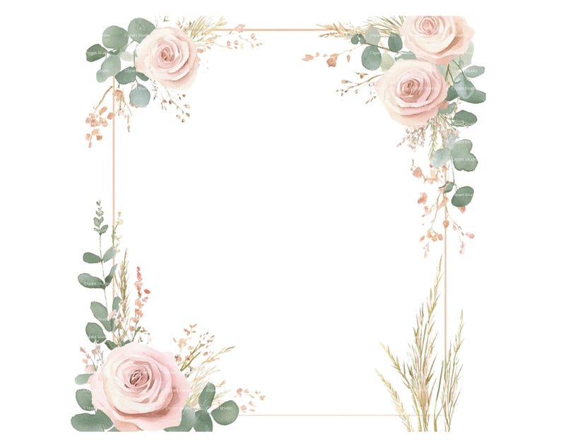 Watercolor Wedding Border Clipart: Pink Roses & Eucalyptus (digital ...