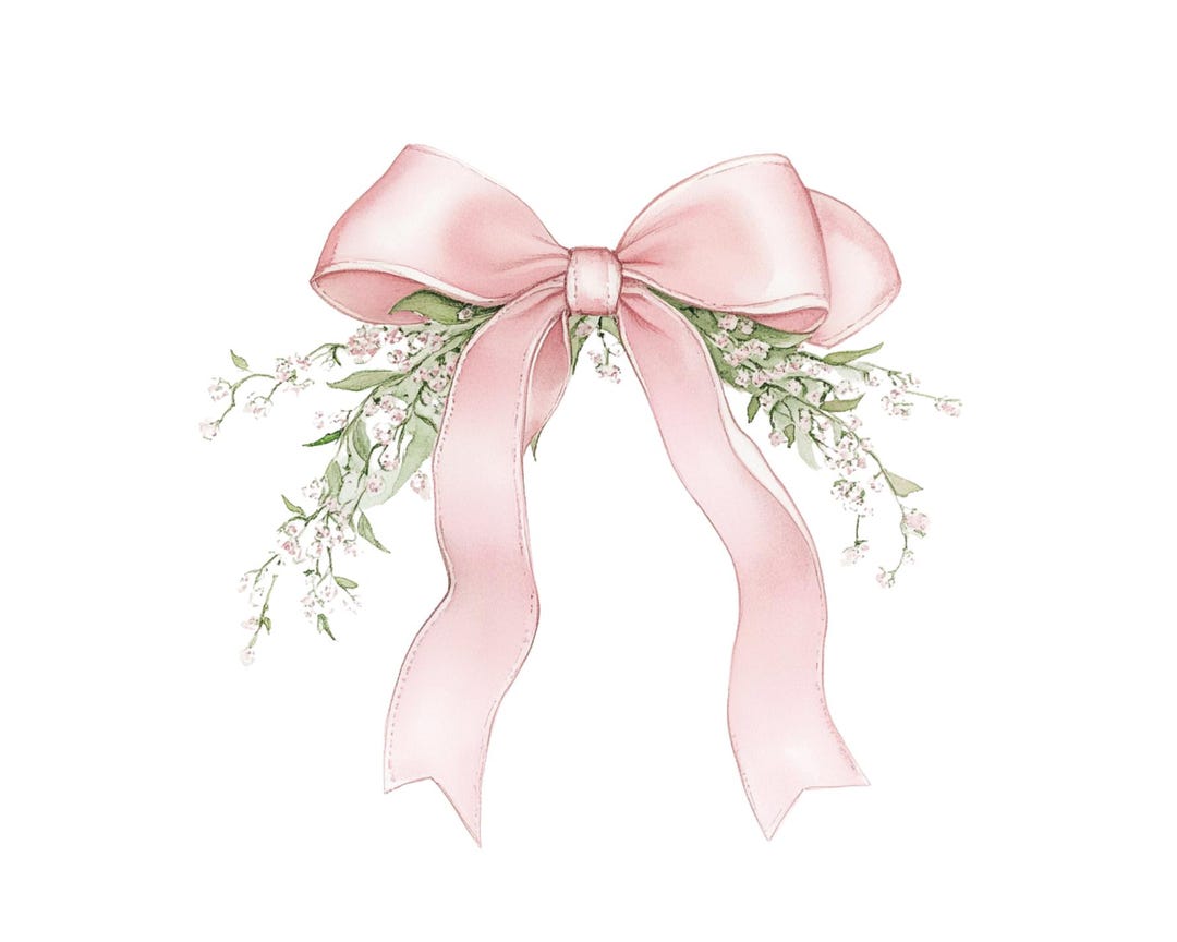 Pink Coquette Ribbon Bow Watercolor Clipart: Floral PNG (digital ...