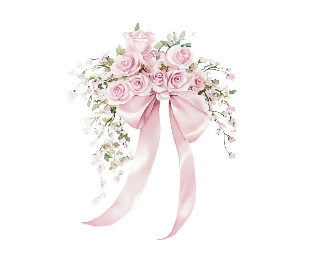 Pink Coquette Ribbon Bow Watercolor Floral Clipart (digital Download ...