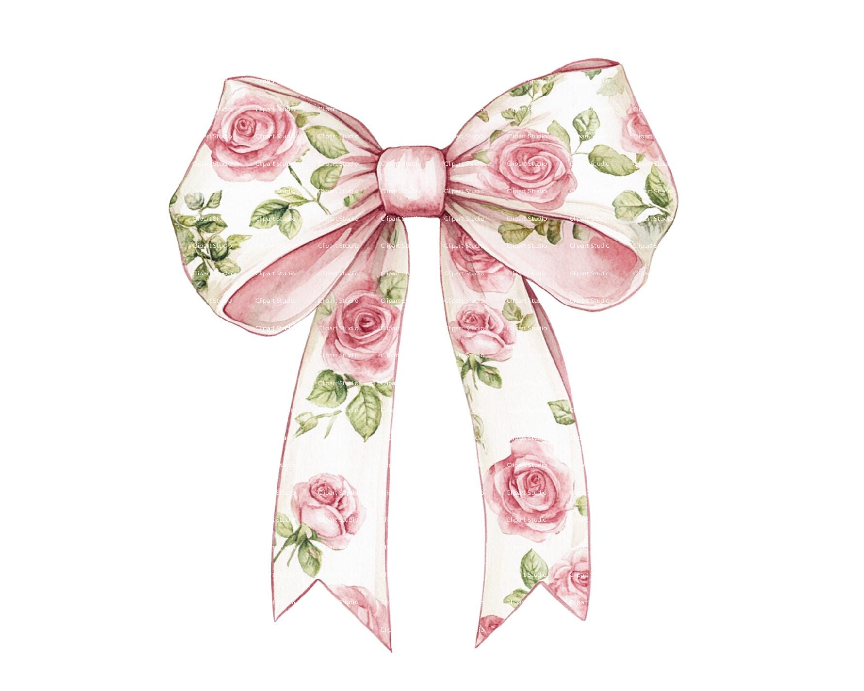 Pink Floral Coquette Ribbon Bow Clipart: Watercolor PNG (digital ...