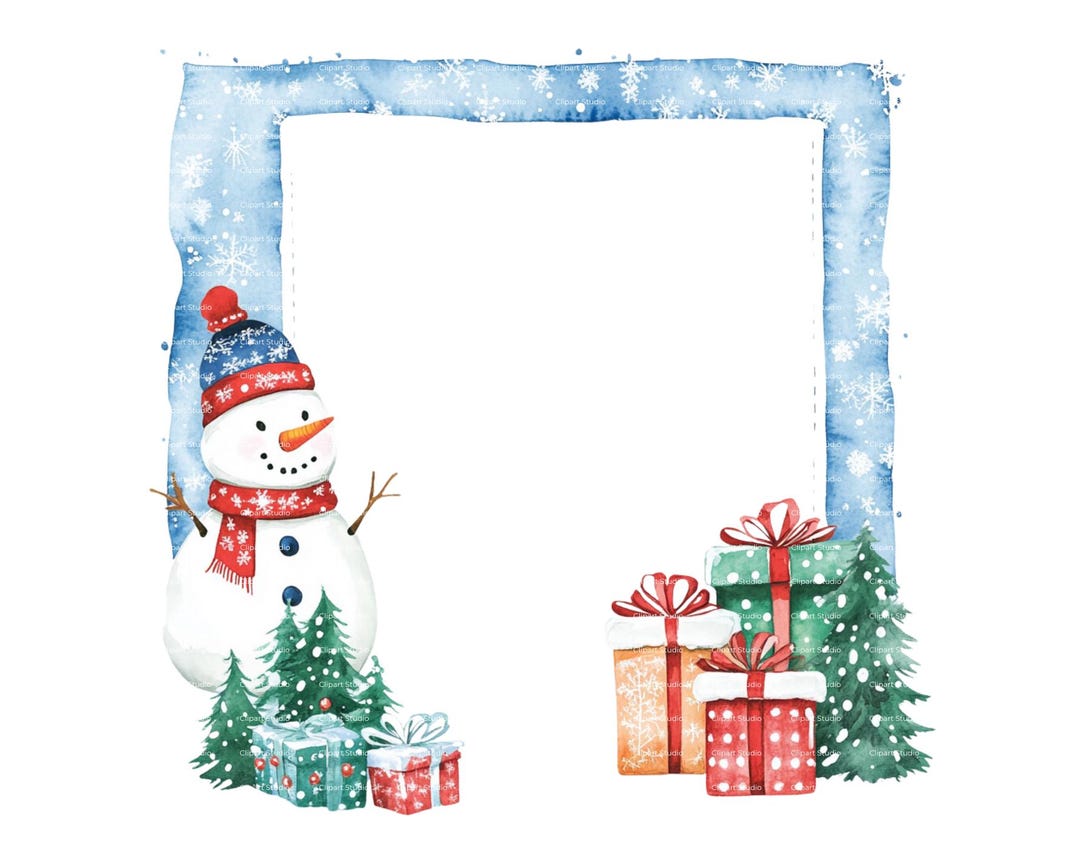Watercolor Christmas Border Clipart: Snowman, Floral Frame (digital ...