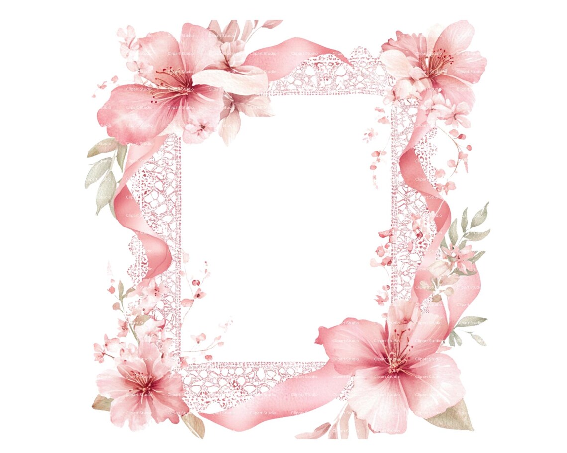 Pink Floral Lace Clipart Border: Watercolor Frame (PNG Digital Download ...