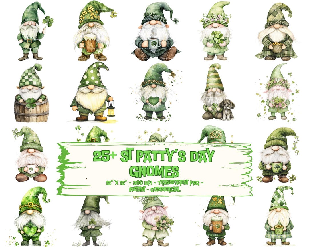 25+ St Patricks Day Gnomes Watercolor Clipart PNG Bundle | Cute Green ...