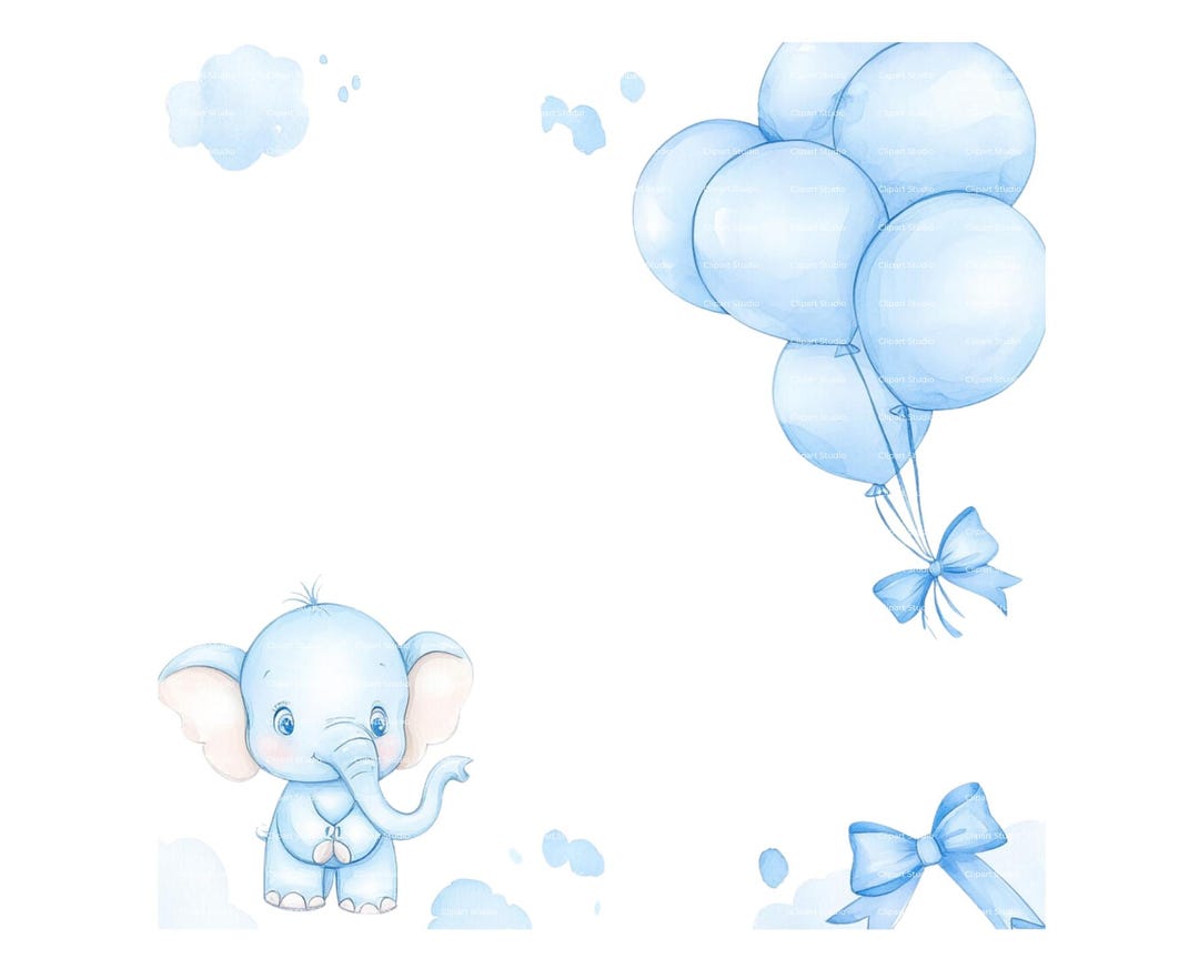 Baby Boy Elephant Clipart: Watercolor Bow Border (PNG Digital Download ...