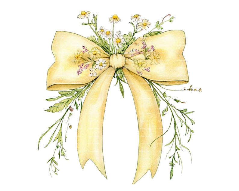 Coquette Ribbon Bow PNG Watercolor Flower Clipart Colorful Yellow ...