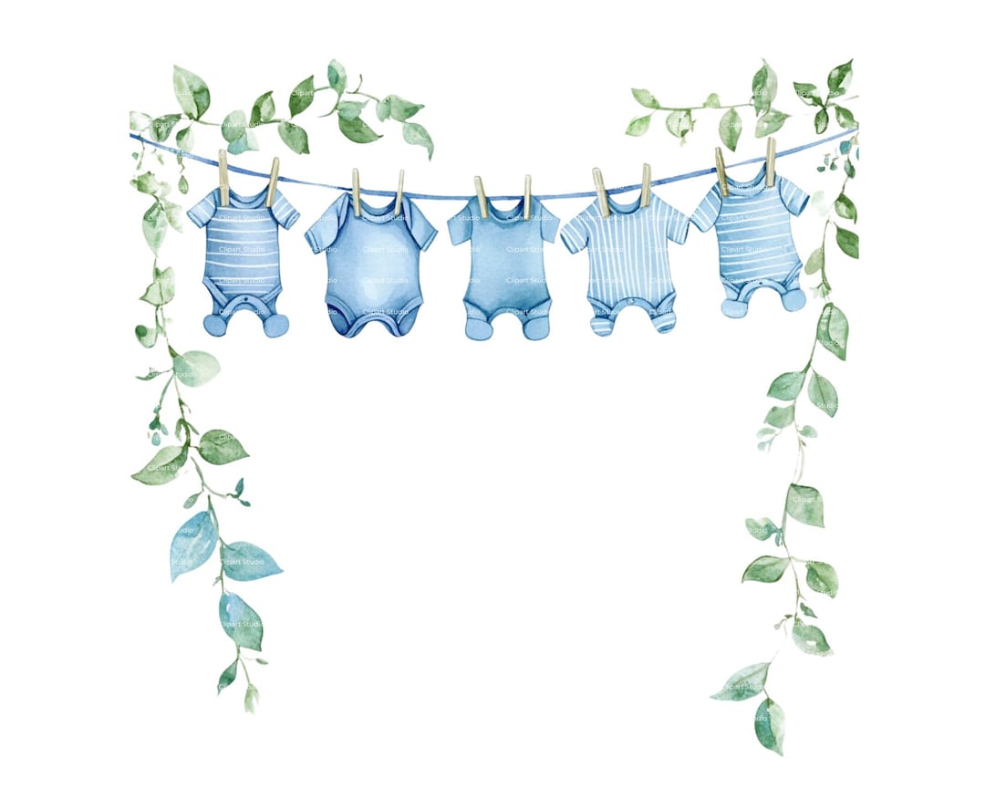 Baby Boy Clothesline Clipart: Watercolor Greenery Border (PNG Digital ...