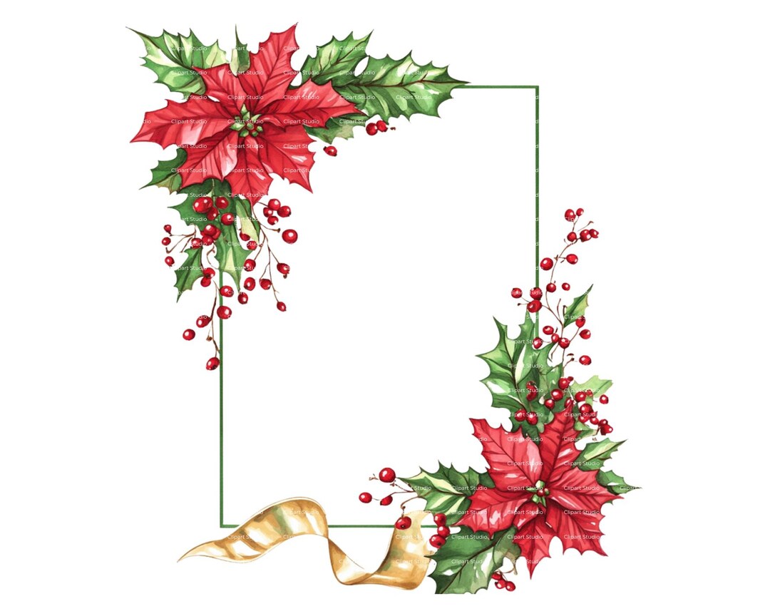 Watercolor Christmas Border Clipart: Poinsettia Frame (digital Download ...