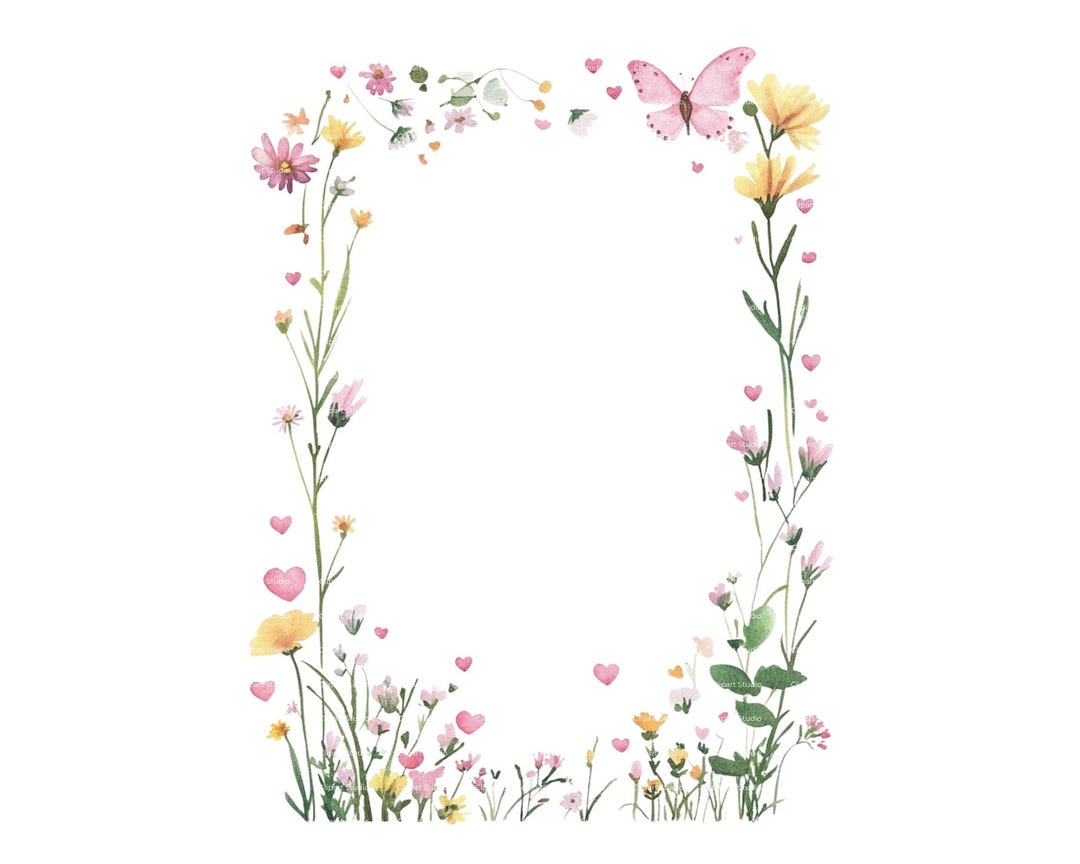 Wildflower Butterfly Heart Frame: Watercolor Clipart Border (digital ...