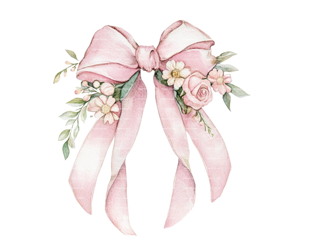 Pink Coquette Ribbon Bow PNG Watercolor Wedding Flower Clipart Colorful ...