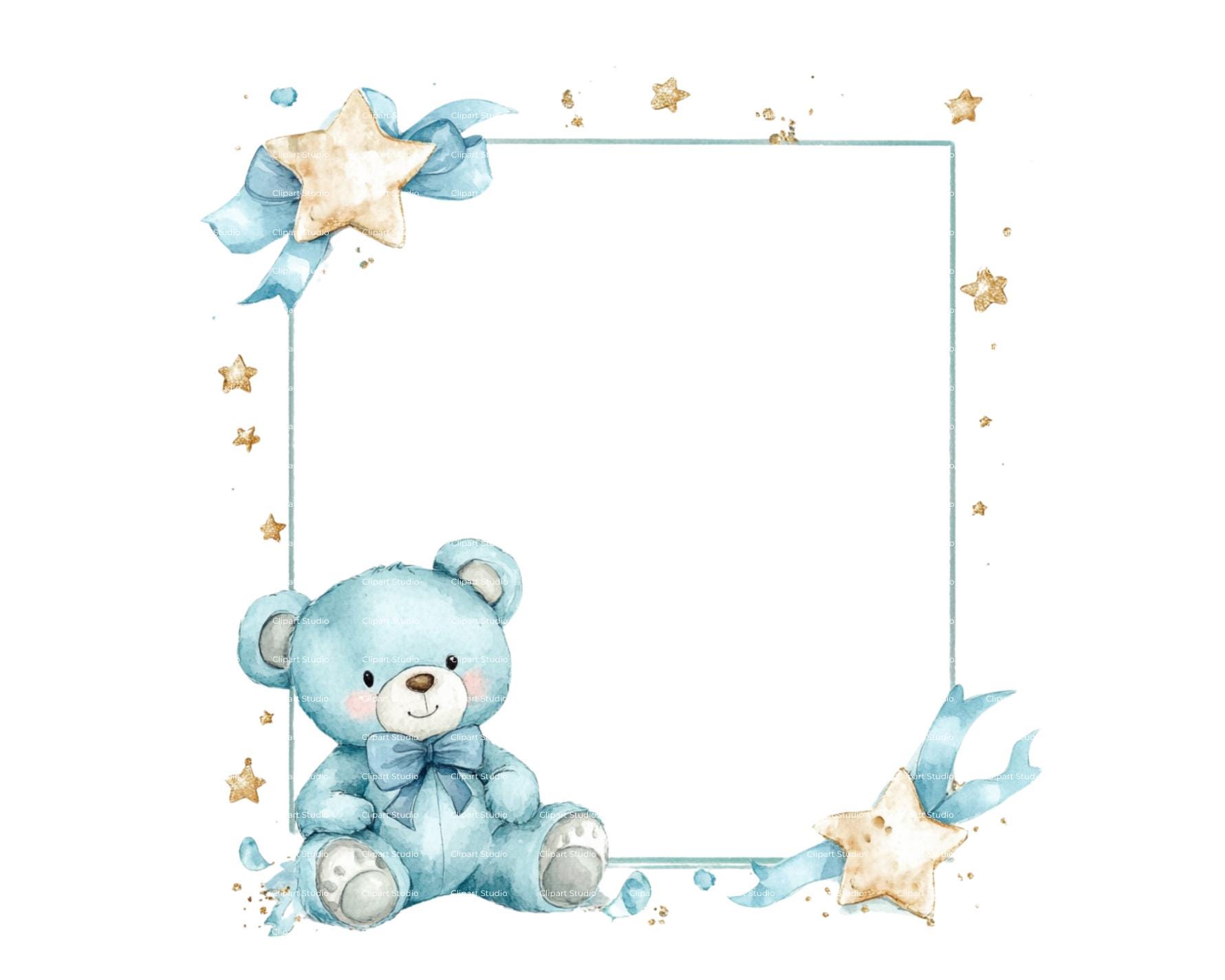 Teddy Bear Clipart Frame: Baby Boy Invitation, Watercolor PNG (digital ...