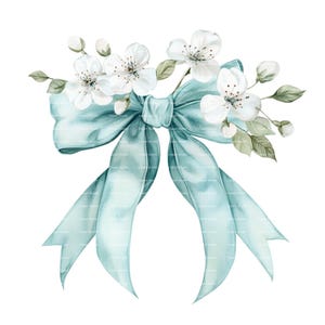 Coquette Ribbon Bow Watercolor Clipart: Blue Floral PNG (digital ...