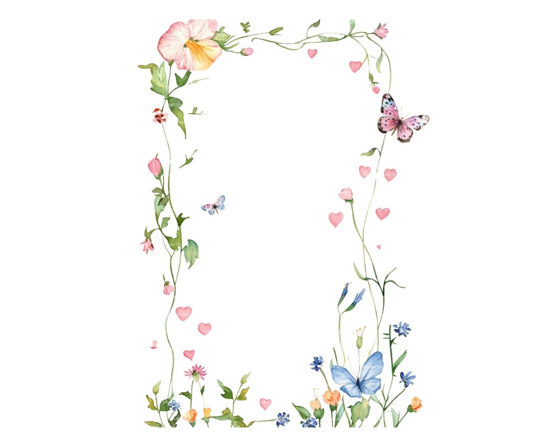 Wildflower Butterfly Heart Frame: Watercolor Clipart Border (digital ...
