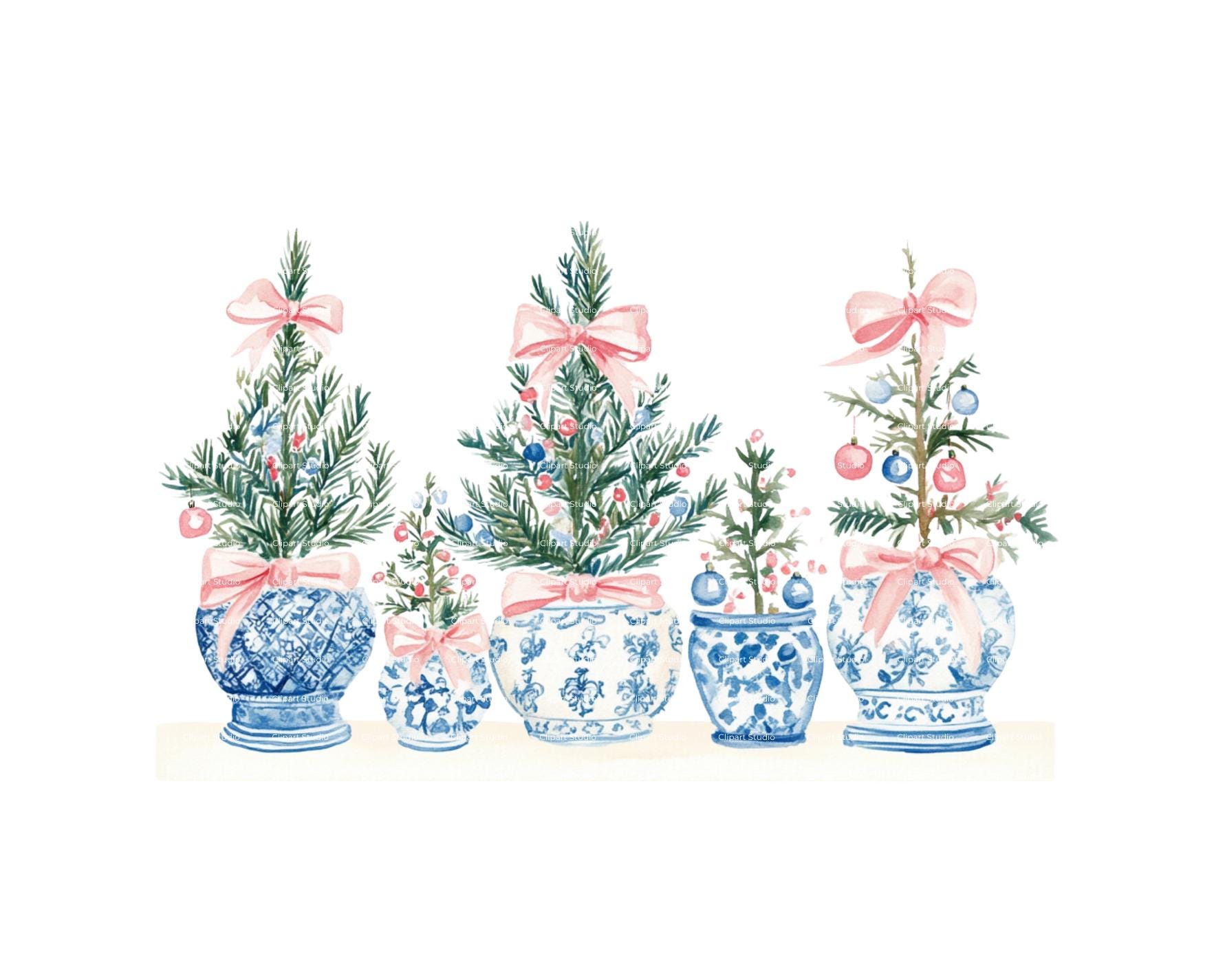 Chinoiserie Christmas Tree Clipart: Watercolor Pink Xmas (digital ...