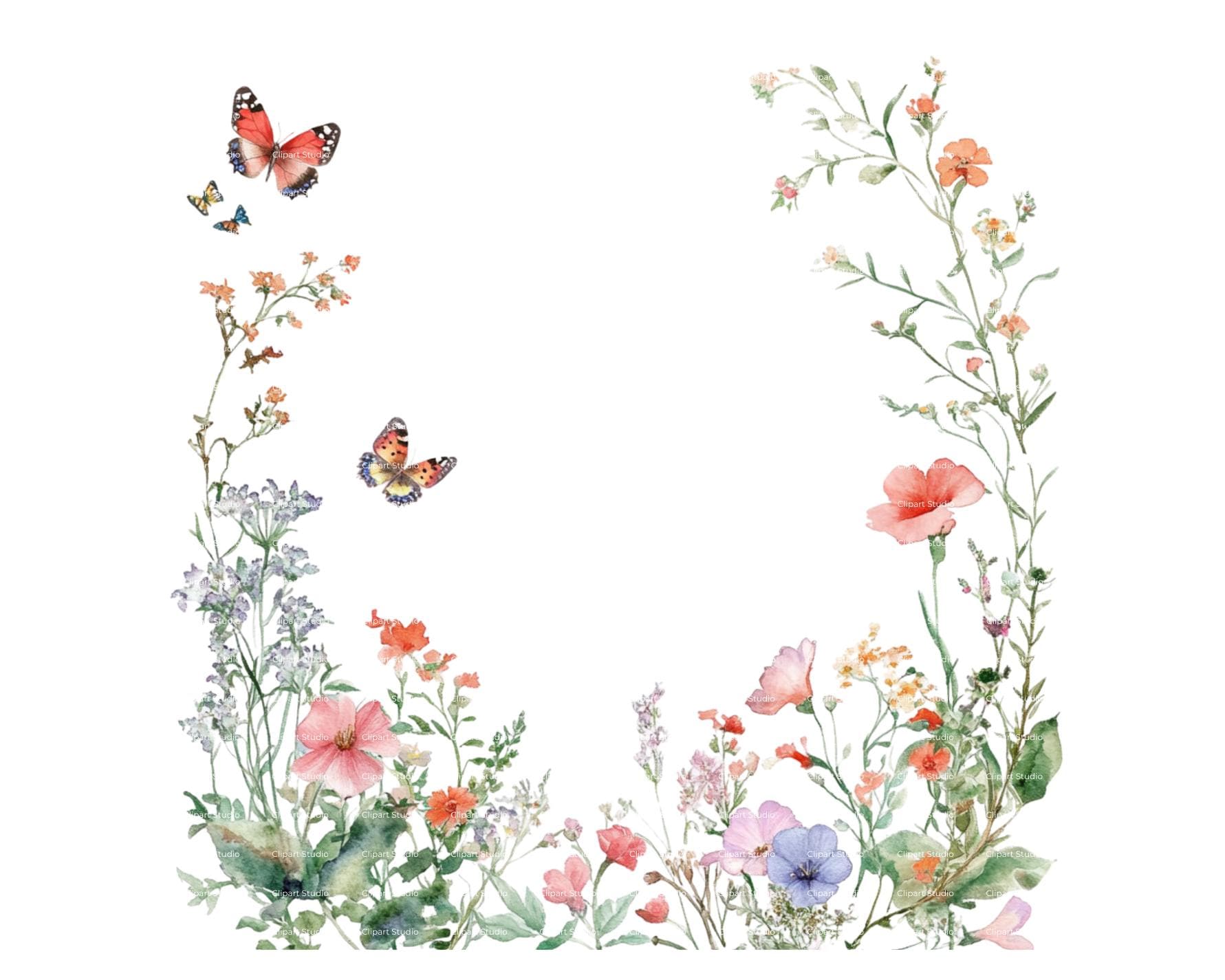 Wildflower Butterfly Frame Clipart: Watercolor PNG Border (digital ...
