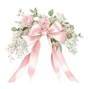 Pink Coquette Ribbon Bow Watercolor Clipart: Floral Wedding Design ...