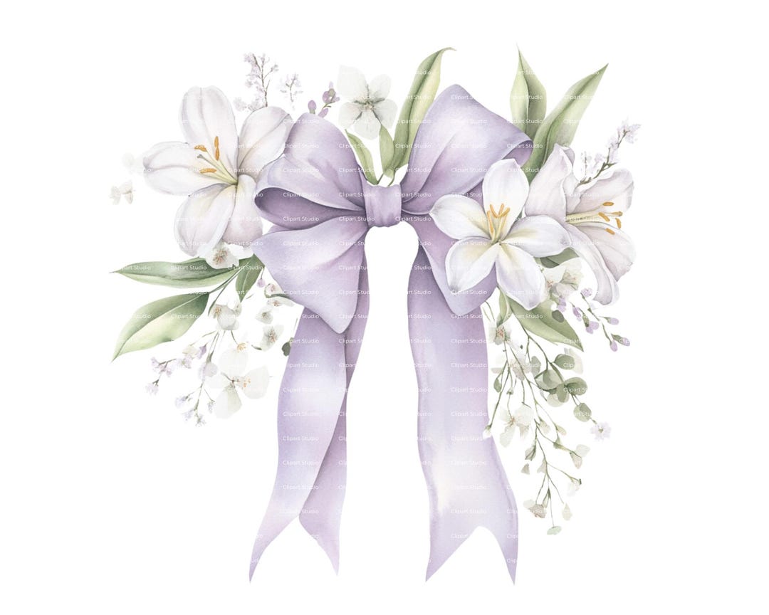 Coquette Ribbon Bow Watercolor Clipart: Purple Floral Print (digital ...
