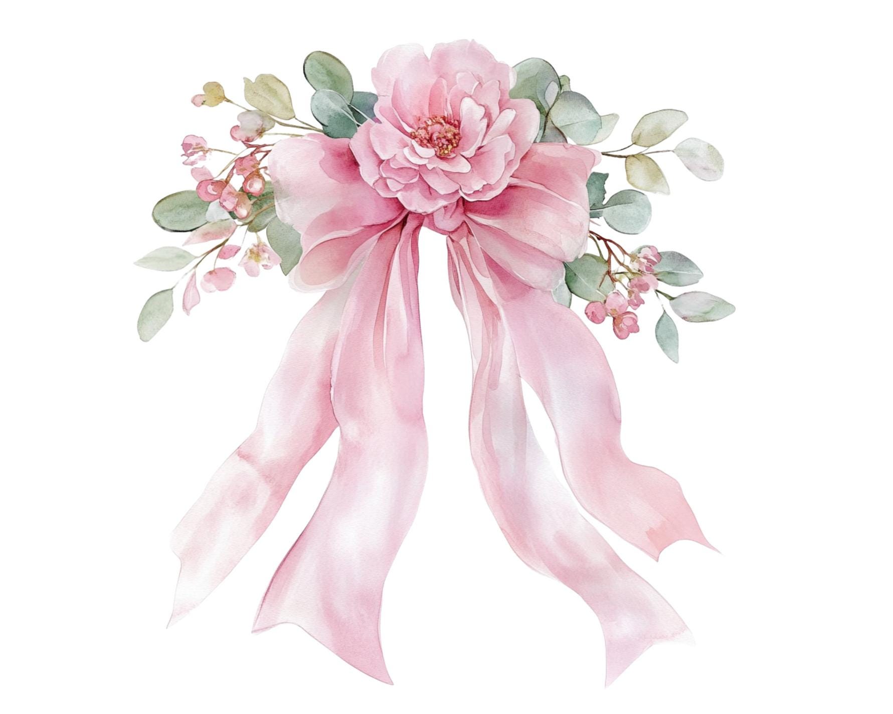 Pink Coquette Ribbon Bow Watercolor Clipart: Floral PNG (digital ...