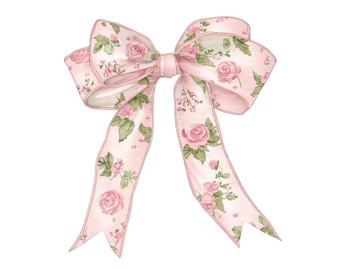 Pink Coquette Ribbon Bow Clipart: Watercolor Floral PNG (digital ...