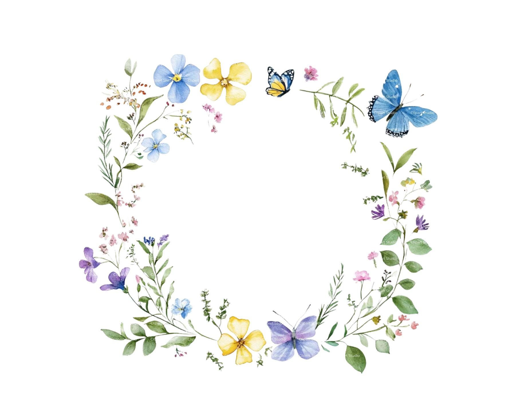 Wildflower Butterfly Frame Clipart: Watercolor Floral Border (PNG ...