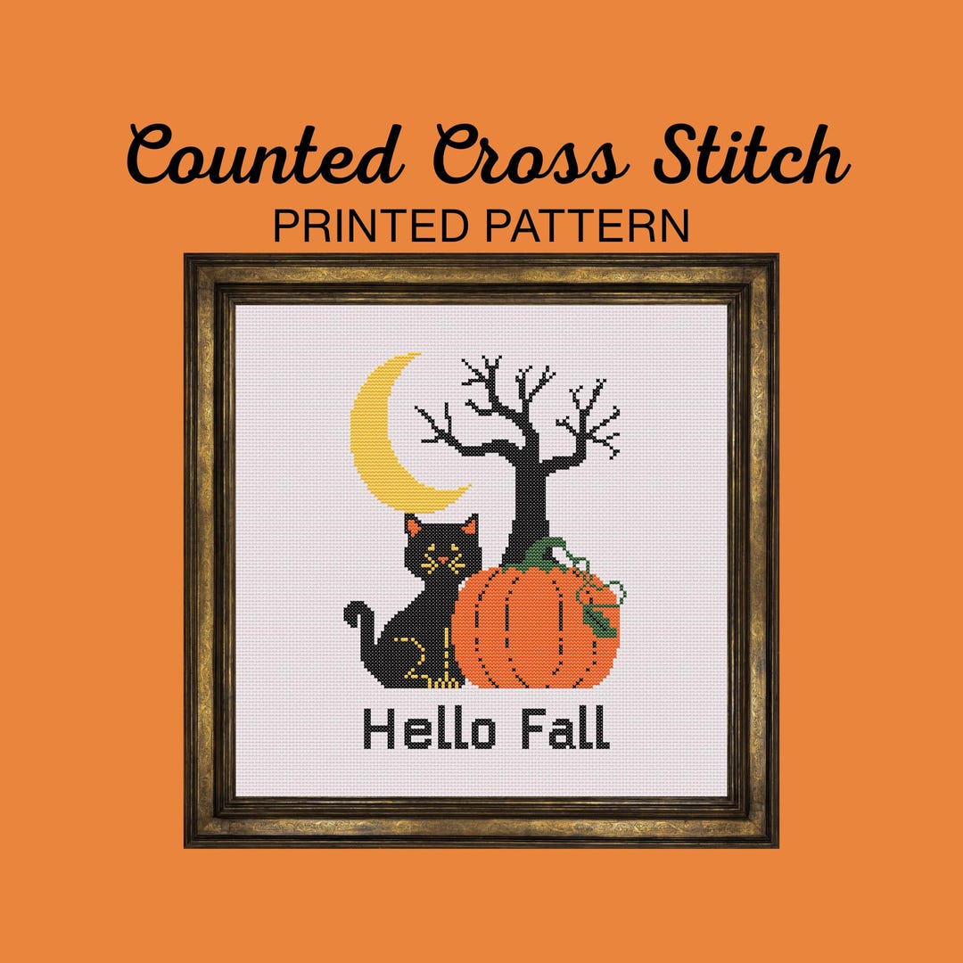 Hello Fall Cross Stitch Pattern: Black Cat & Pumpkin, Autumn Design - Etsy
