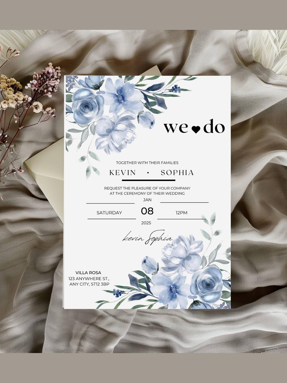Royal Blue Wedding Invitation Template, Floral Wedding Invite, Editable ...