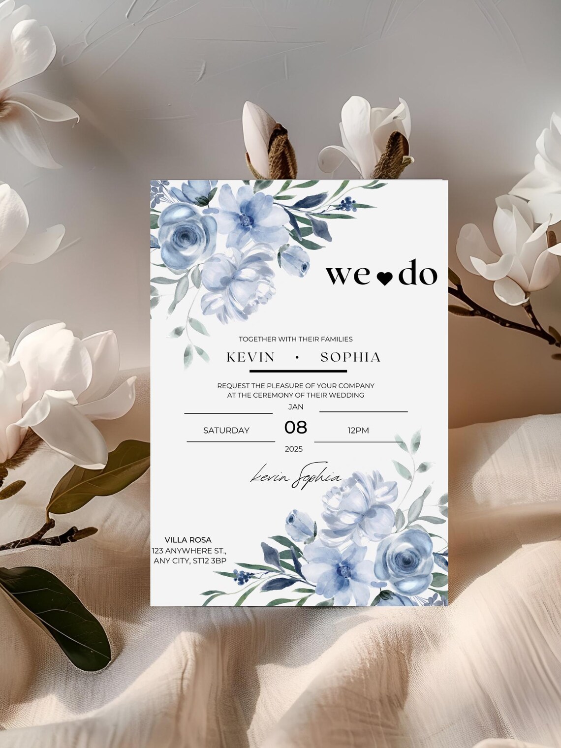 Royal Blue Wedding Invitation Template, Floral Wedding Invite, Editable ...