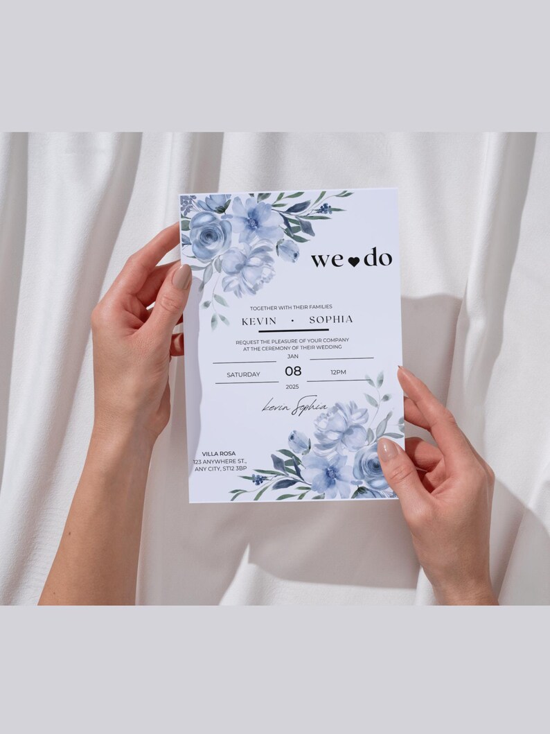 Royal Blue Wedding Invitation Template, Floral Wedding Invite, Editable ...
