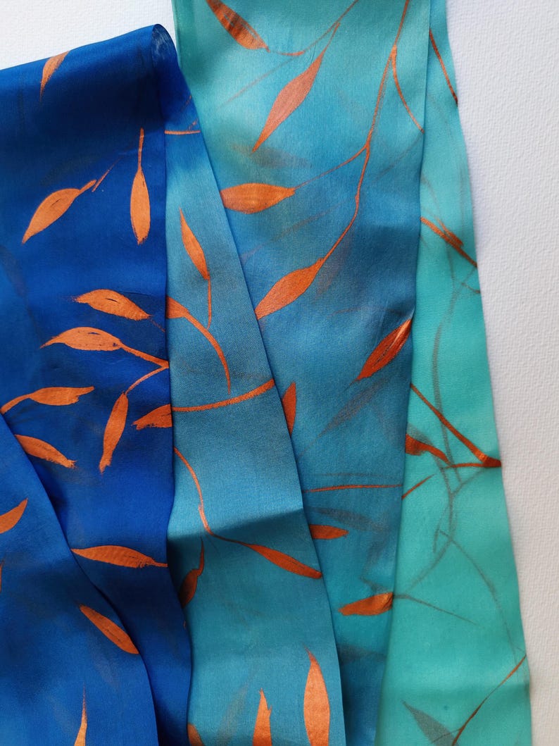 Hand-painted Silk Scarf: Copper Leaf, Blue Aqua Skinny Scarf - Etsy