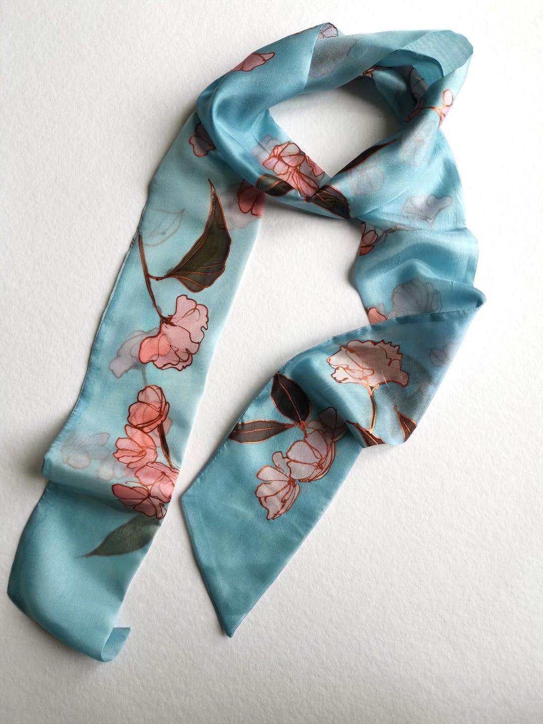 Baby Blue Skinny Silk Scarf With Pink Sakura Flowers, Bow Scarf, Cherry ...
