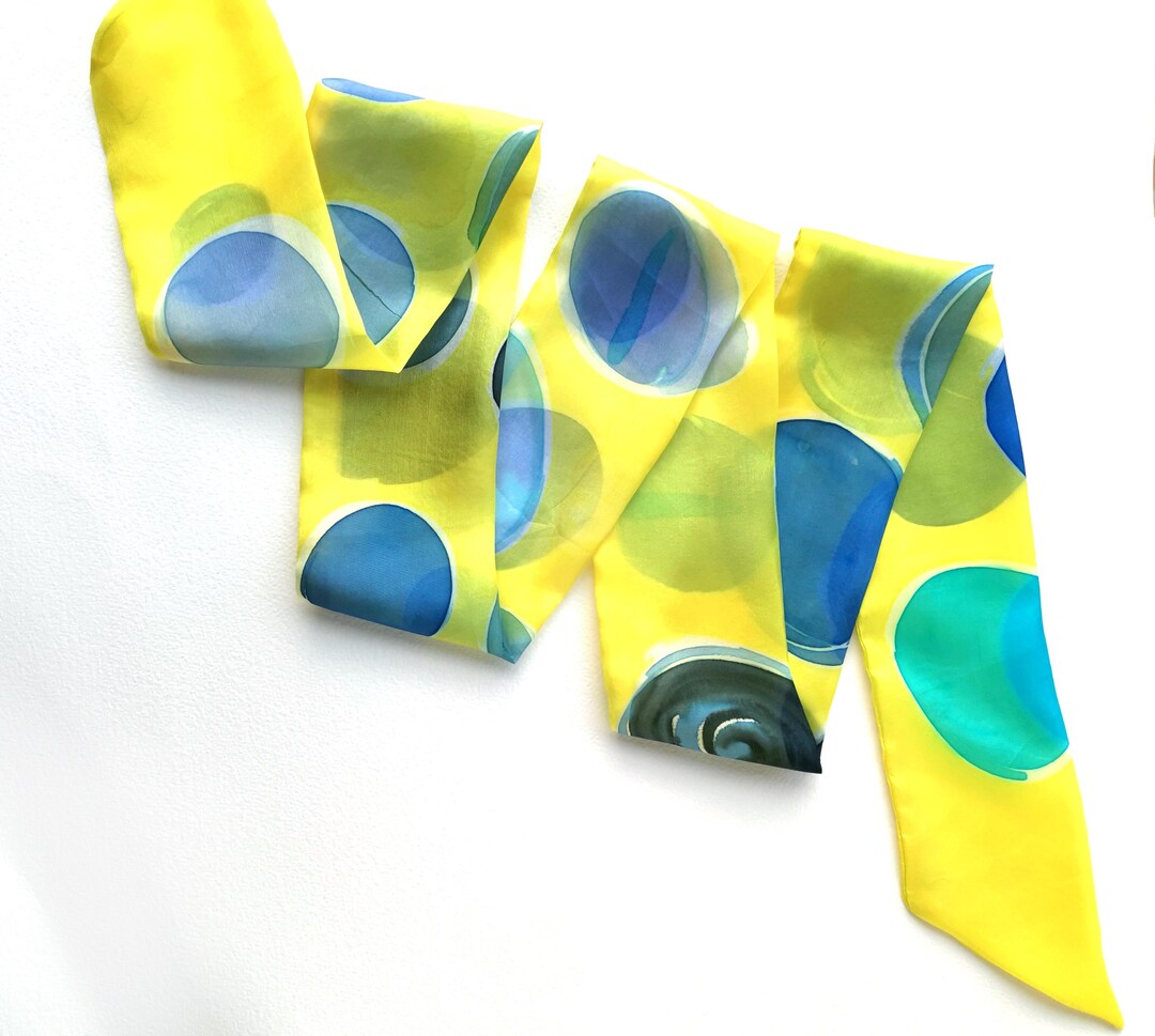 Lemon Skinny Silk Scarf With Blue Dots | Hand Painted Scarves | Narrow ...