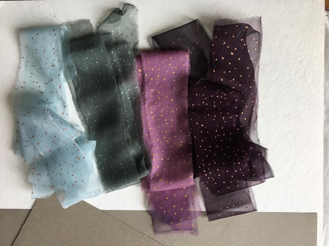 Set of Four Silk Chiffon Ribbons, Hand-painted Ribbons With Golden ...