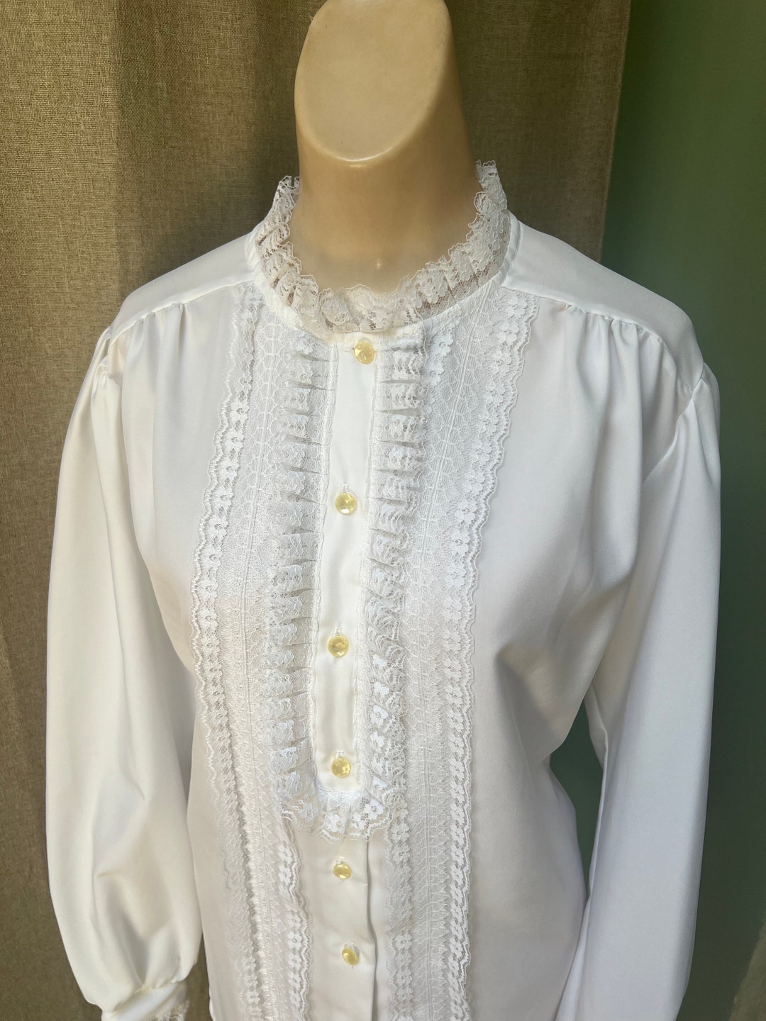 Vintage 70s Lady Hathaway White Lace Ruffles Blouse XL, High Neck White ...