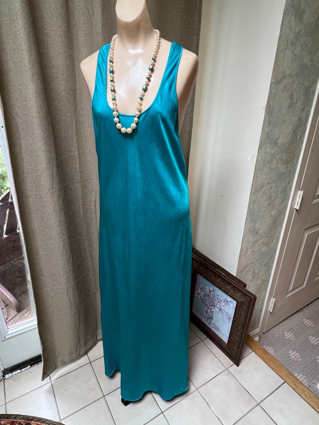 Vintage Sleek Turquoise Racerback Silky Night Gown M/L, Tall Girl ...